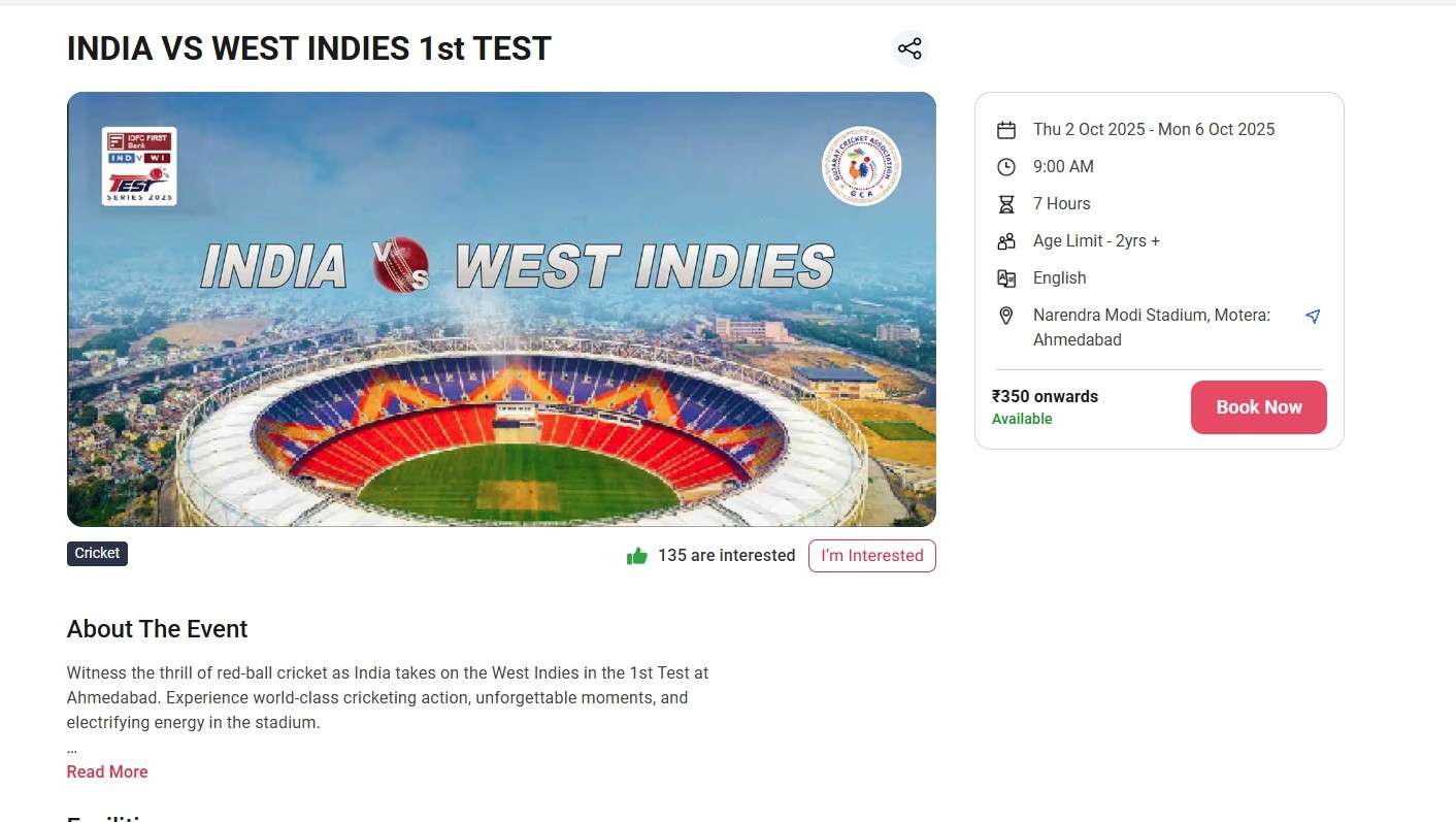 India vs West Indies 2025: 2nd Test Match Tickets & Details